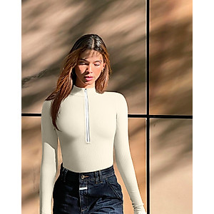 OQQ Women's 2 Piece Bodysuits Sexy Ribbed One Piece Zip Front Long Sleeve Tops Bodysuits Black Beige