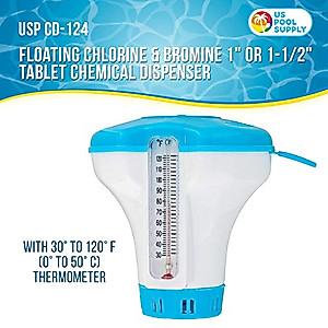 U.S. Pool Supply Spa, Hot Tub, Small Pool, 4-1/2" Diameter Floating Chlorine & Bromine Chemical Dispenser with 120° F Thermometer, Holds 1" or 1-1/2" Tablets - Adjustable Chemical Delivery