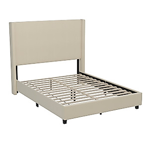 Merrick Lane Bramlett Modern Platform Bed - Beige Faux Linen - Queen - Padded Wingback Headboard - 3" Floor Clearance - Wood Support Slats - No Box Spring Needed