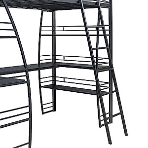 FANYHOME Twin Size Loft Bed with 4 Layers of Shelves and L-Shaped Desk, Stylish Metal Frame Bed with a Set of Sockets, USB Ports and Wireless Charging, Black