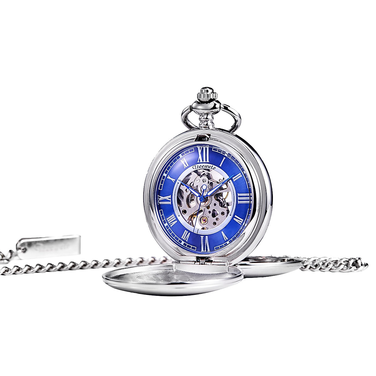 TREEWETO Pocket Watch - Smooth Double Case Series Skeleton Dial Delicate Mechanical Movement with Chain, Silver