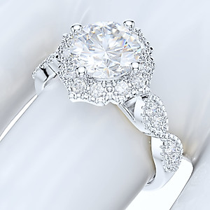 PRSTANI Solid Sterling Silver Fancy Vintage Milgrain 1.5CT Simulated Round Brilliant Cut Diamond Halo Promise Engagement Ring (4.5)