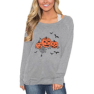 FLOYU Pumpkin Face Sweatshirt Women Halloween Off The Shoulder Tops Fall Pumpkin Pullover Halloween Long Sleeve Clothes Grey