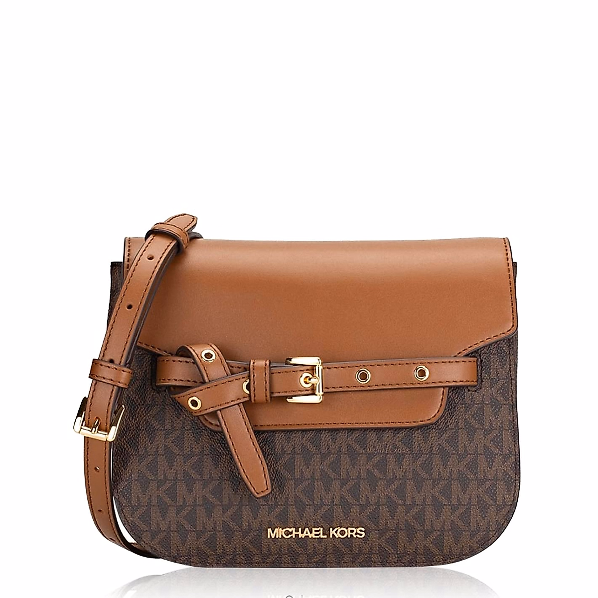 Michael Kors Emilia Small Saddle Flap Crossbody Brown MK Signature