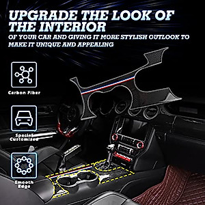 Xotic Tech Center Console Gear Water Cup Panel Cover Trim, Genuine Soft Carbon Fiber with 3 Color Strips, Compatible with Ford Mustang 2015-up