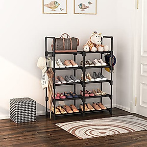 ROJASOP Shoe Rack Organizer for Closet Entryway, 20 Pairs 5-Tier Stackable Shoe Rack Storage Shelf for Hallway Bedroom Garage Dorm Free Standing Shoe Racks with Side Hooks Space Saving Shoe Rack