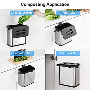 0.8GAL Compost Bin Indoor Kitchen Sealed by SUBEKYU, Stainless Steel Small Hanging Trash Can with Lid for Cabinet Door, Metal Compost Bucket and Garbage Can for Under Sink/Wall Mounted/Countertop
