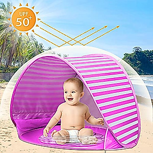 Bycc Bynn Baby Beach Tent, Pop Up Portable Beach Canopy, UV Protection Sun Shelter with Pool for Infant (Stripe-Pink)