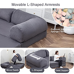 COMAX Folding Sofa Bed, Convertible Sofa Queen Floor Couch with L-Shaped Armrests, Foldable Futon Chair Bed Sleeper Mattress Fold Out Comfy Lounge for Living Room Bedroom, Dark Grey