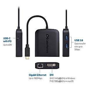 Cable Matters USB C Multiport Adapter (USB C Hub with DVI), 2X USB 3.0, Gigabit Ethernet, and 60W Charging - USB-C and Thunderbolt 4 / USB4 / Thunderbolt 3 Port Compatible with MacBook Pro, Dell XPS