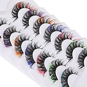 Ruairie False Eyelashes Colored Lashes Fluffy Wispy Russian Strip Lashes with Color D Curl Volume Curly Christmas, 7 Colors Fake Eyelashes Pack