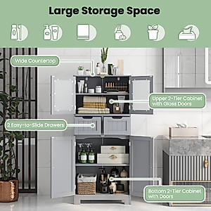 Giantex Bathroom Floor Storage Cabinet - Freestanding Cabinet with 2 Glass Doors, 2 Drawers & Adjustable Shelves, Multifunctional 50.5” Tall Storage Organizer Cupboard for Kitchen, Living Room (Gray)