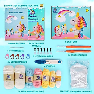 Crochetta Crochet Kit for Beginners, Amigurumi Crocheting Animals Kits w Step-by-Step Video Tutorials, Knitting Starter Pack for Adults and Kids, Jumbo 3 Unicorn Familly (40%+ Yarn Content)