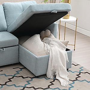 Chenille Couch with Pull Out Sofa Bed, Sleeper Sofa with Storage Chaise Lounge, Sectional Couch with Comfy Pillows and Pockets, Convertible L Shape Couches for living room, Bedroom, Office, Mint Green