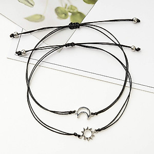 Friendship Bracelet Long Distance Bracelets for Women Best Friend Pinky Promise Matching Bracelets for 2 Couples Anklet Bracelets with Message Card Boyfriend Girlfriend Men (Black Strand-Moon&Sun)