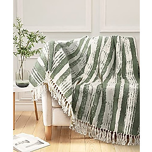 Godimerhea Green Throw Blanket Cotton White Boho Striped Decorative Blankets for Couch Sofa Bed, Soft Cozy Knit with Tassel, Rustic Shabby Chic, 50" x 60"