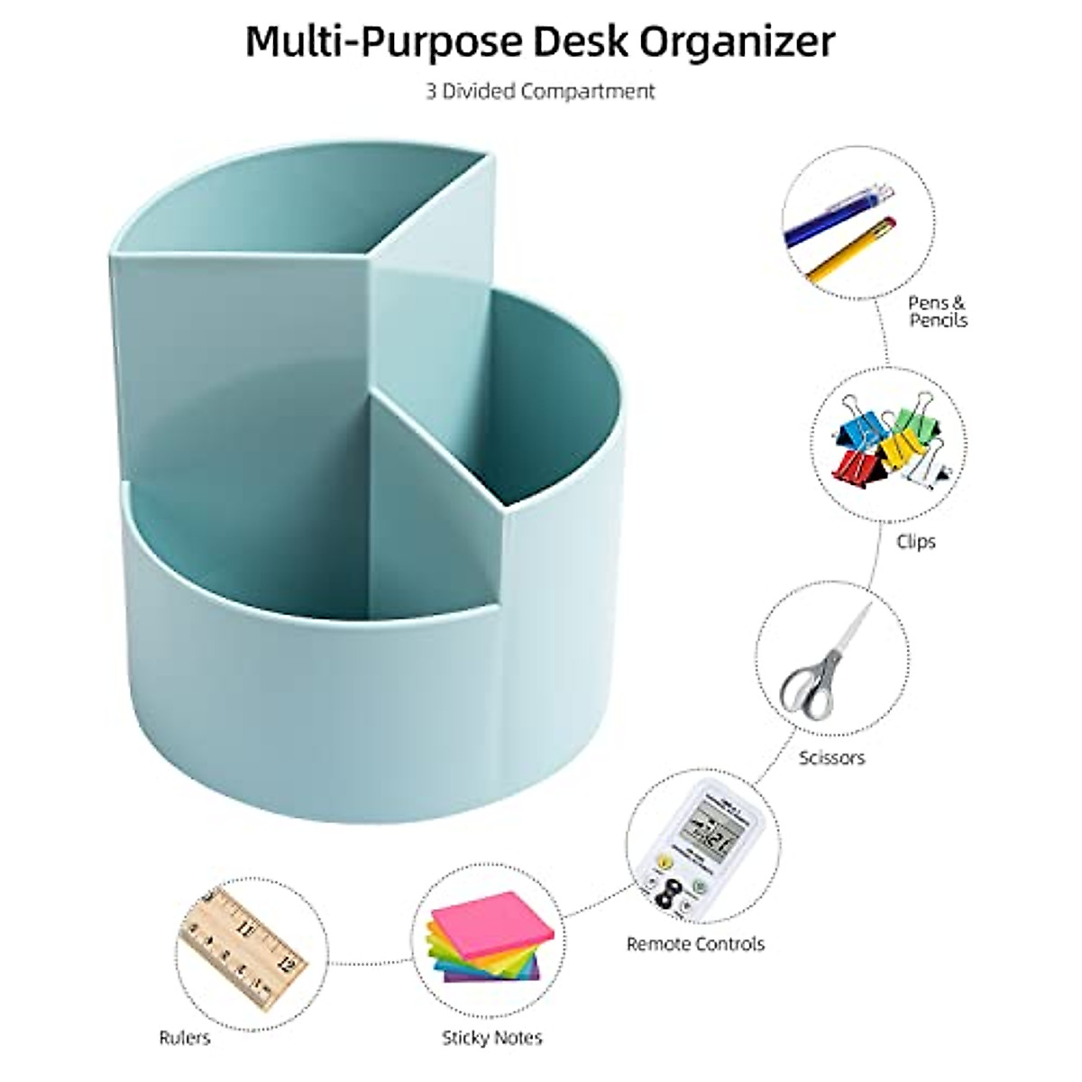 Desk Pencil Pen Holder, 3 Slots 360-Degree Spinning Pencil Pen Desk Organizers, Desktop Storage Pen Organizers Stationery Supplies, Cute Pencil Cup Pot for Office, School, Art Supply, Kids - Blue