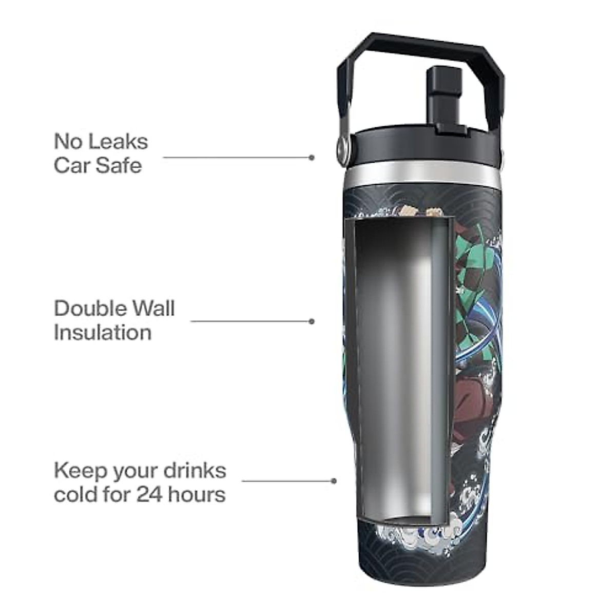 Demon Slayer Kimetsu No Yaiba Tanjiro Tumbler with Lid, 30 Oz Water Cup, Vacuum Insulated, Anime Water Bottle, Reusable Insulated Stainless Steel tumbler for Water, Iced Tea or Coffee