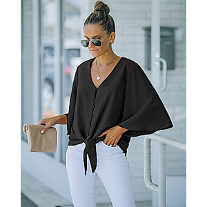 luvamia Women's V Neck Tops Ruffle 3/4 Sleeve Tie Knot Blouses Button Down Shirts, Black Button Down Size XL