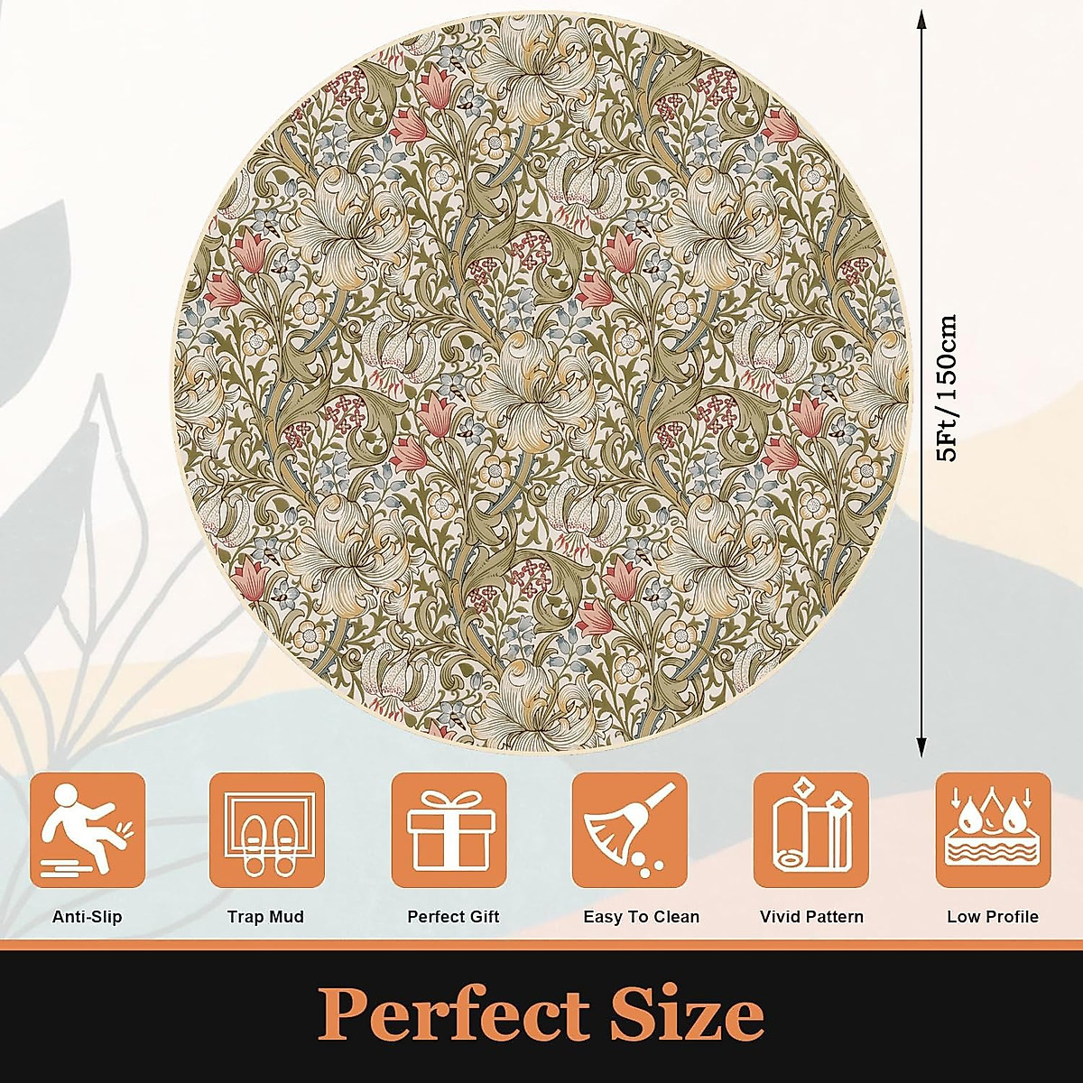 Ansouyi William Morris Non-Slip Area Rugs, Washable Rug Carpet for Living Room Home Decor Rugs for Game Room Classroom Bedroom Dining Kindergarten Room (William Morris, 5ft Round)