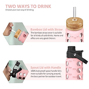 MUKOKO 32oz Glass Water Bottles with 2 Lids-Handle Spout Lid&Bamboo Straw Lid, Motivational Water Tumbler with Time Marker Reminder and Silicone Sleeve, Leakproof-Pink-1 Pack