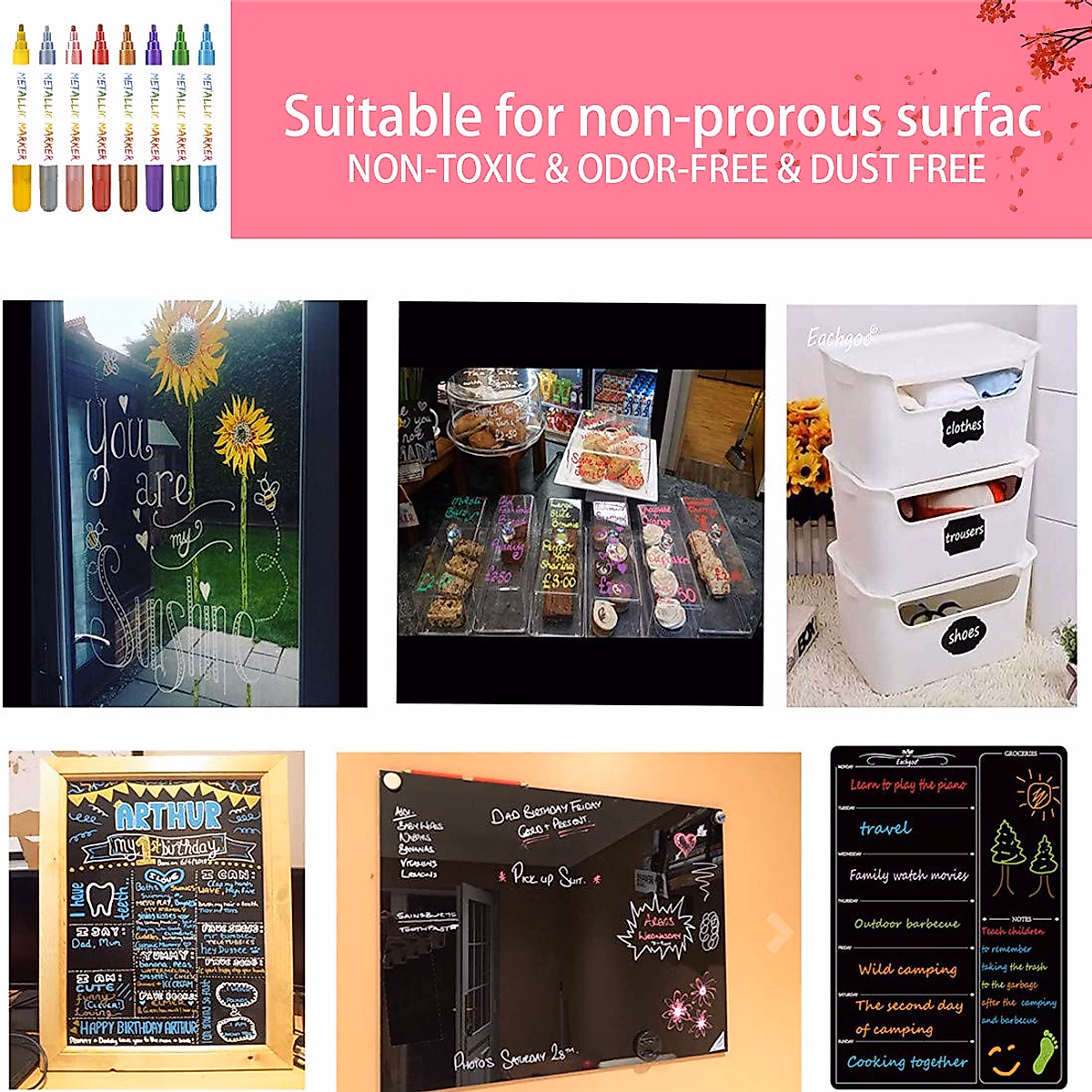 SOONPAM Liquid Chalk Markers Metallic Color Chalk Pens 6mm Bold Tip Erasable Liquid Chalk Pen for Blackboards Chalkboard Bistro Menu Window 8 Pack