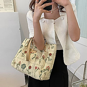 Botanical Tote Bag for Women Leather and Canvas Splicing Tote Bag Cottagecore Aesthetic Tote Bag Flowers Plants (Beige)