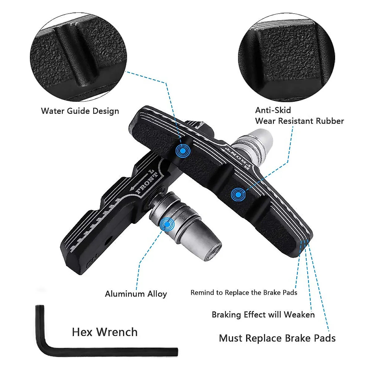 Hapleby 4PCS Premium Bike Brake Pads, Professional Mountain Bicycle V-Brake Pads, Bike Brake Blocks Kit, for Free Hex Wrench