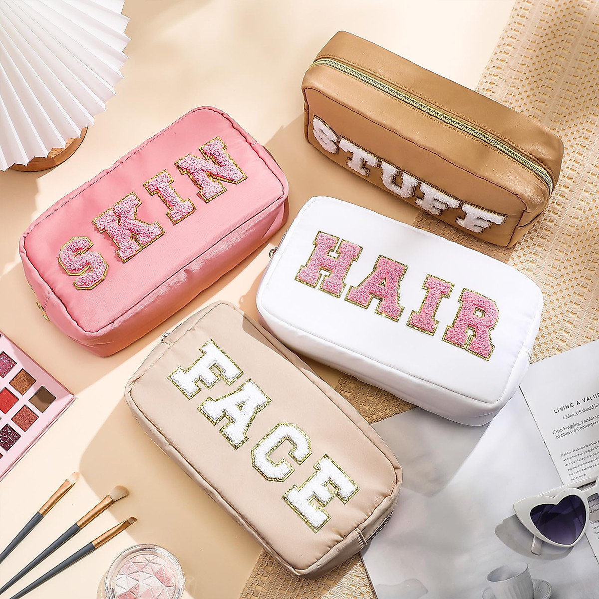 Remerry 4 Pcs Nylon Cosmetic Bag Travel Organizer Chenille Letter Makeup Pouch Zipper Preppy Waterproof Hair Bag Toiletry Pouch for Women Girls(Light Brown, Beige, Light Pink, White)