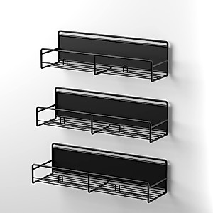 3 Pack Magnetic Spice Rack Organizer for Refrigerator, Moveable Magnetic Shelf, Space Saver for Fridge, Microwave Oven and Metal Cabinet, Magnetic Rack for Holding Spices, Jars, Bottle (Metal Black)