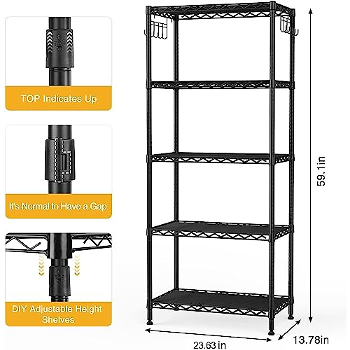 LEHOM 5-Tier Metal Storage Shelves Wire Shelving Unit Storage with Adjustable Leveling Feet for Laundry Bathroom Kitchen,Steel Organizer Wire Rack 220 LBS Capacity(23.63" L×13.78" W×59.1" H)