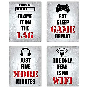 Sweet Jojo Designs Video Game Themed Gamer Wall Art Posters Home Decor Black White and Red Gaming Bedroom Pictures Prints Decorations for Playrooom Gameroom Boys Girls Children –Set of 4 8 x 10 in.