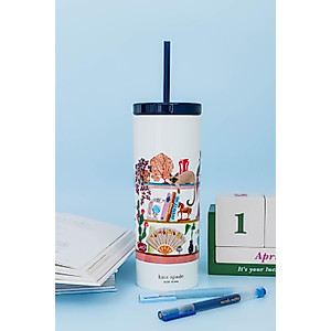 Kate Spade New York Insulated Tumbler with Reusable Straw, 20 Ounce Acrylic Travel Cup with Lid, Bookshelf