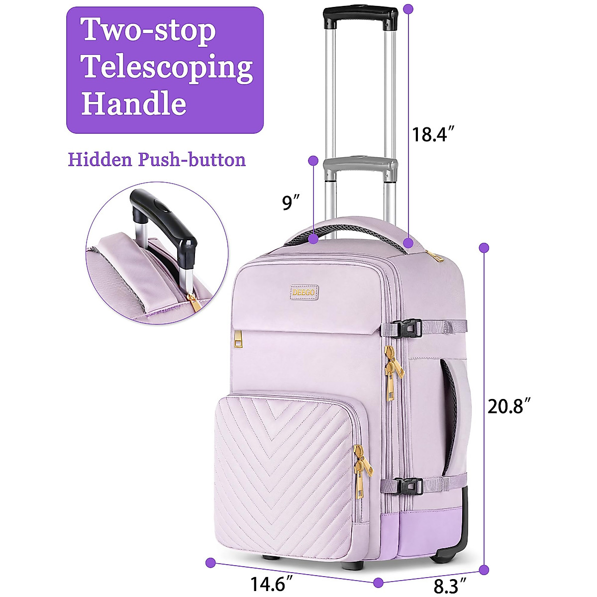 DEEGO Rolling Backpack for Women, 17.3 inch Travel Backpack with Wheels for Adult, Large Wheeled Backpack with Toiletry Bag, College Roller Travel Backpack Carry on Luggage for Work Business, Purple