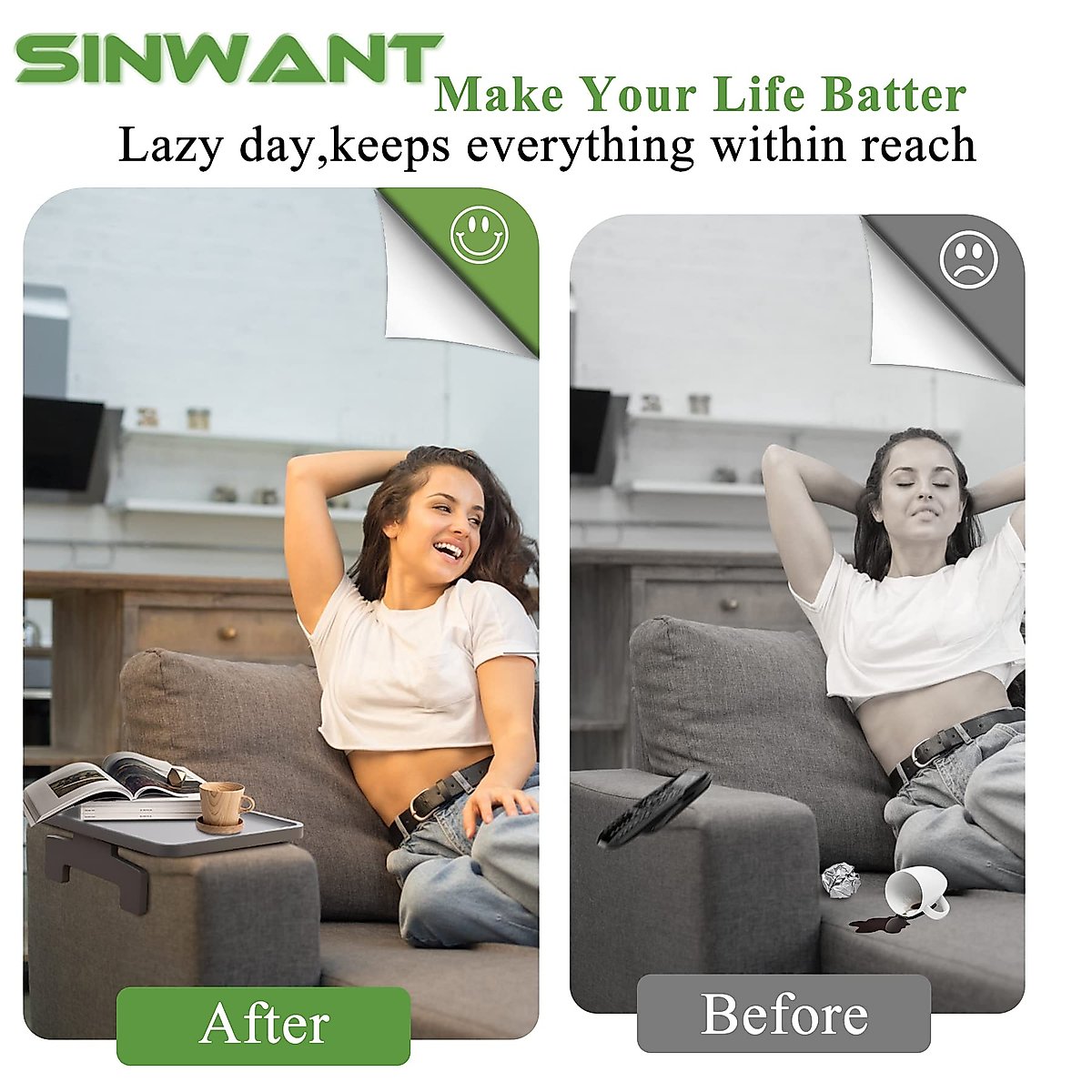 SINWANT Sofa Arm Clip Table,Sofa Arm Tray Table for Couch,Arm Rest Table Suitable for Home Drinks/Eat/Fruit,Sofa Tray Table for Couch Tray,Coffee Table & Side Tables for Small Spaces, Grey