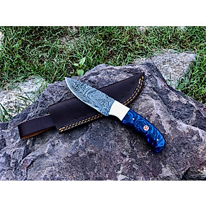 ONEHOPE BLADES Handmade Damascus Steel Hunting Knife With Leather Sheath, 8 inches Fixed Blade Tactical Survival Hand Forged Hunting Bushcraft Camping Knife (BLUE)