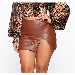 FEOYA Women Mini Faux Leather Skirt Zip Closure High Waisted Shape Vinyl Bodycon Latex Skirt Brown, Small