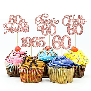 Gyufise 30Pcs 60th Birthday Cupcake Toppers 60 Fabulous Cupcake Picks Cheers to 60 1965 Cake Decorations for Happy 60th Birthday Wedding Anniversary Party Decoration Supplies Rose Gold