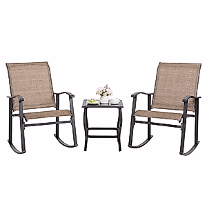 Shintenchi 3 Piece Rocking Bistro Set, Outdoor Furniture with Rocker Chairs and Glass coffee table set of 3, Balcony, Porch Furniture for Small Space, Brown