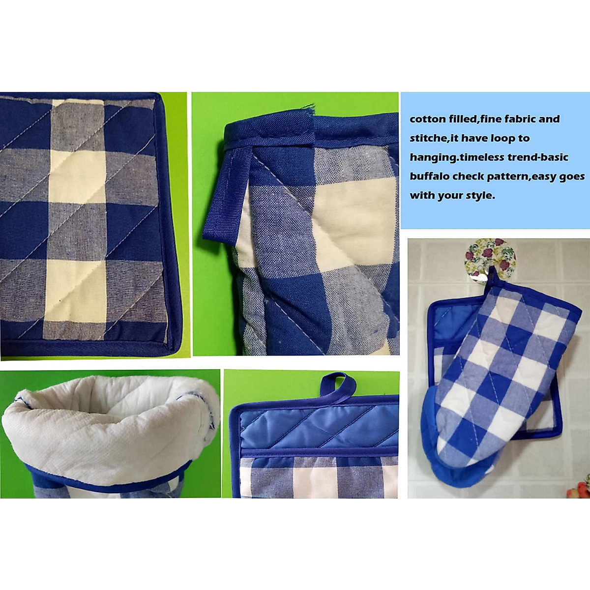 Cotton Oven Mitts and Pot Holder Sets Buffalo Check 4 Pack Heat Resistant Recycled Quilted Cotton Breathable Fabric Comfortable for Kitchen Cooking Baking