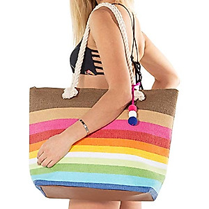 PIER 17 Women's Beach Bags | Extra Large Striped Straw Shoulder Tote with Rope Handle Zipper Closure Inner Pockets