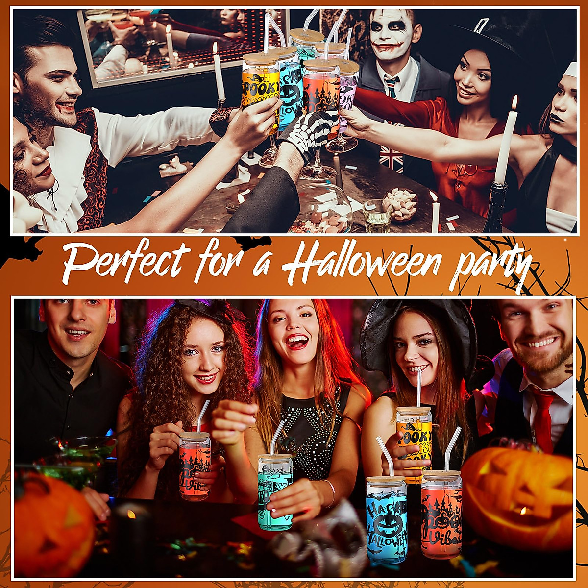 Umigy 12 Pcs Halloween Cups 16oz Halloween Mason Jar with Lid Straw Halloween Tumbler Ghost Iced Coffee Cups Beer Glassware Cookie Jar Gift Drinking Water Bottles Halloween Decoration (Retro Style)