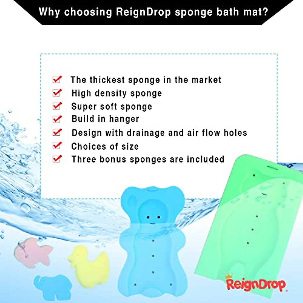 ReignDrop Baby Bath Sponge Mat for Tub – Safe Fun Sponge Bath Mat, Toys for Newborns – Toddler Bathing Cushion Insert with Inbuilt Drying Hanger – Bath Time Rest and Support for Sink (Small Bear)