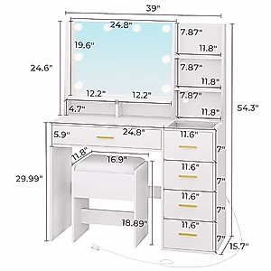 AOGLLATI Makeup Vanity Set with Lights & Charging Station, Vanity Desk with Mirror and Lights, White Makeup Desk with Cushioned Stool, Visible Drawers, Jewelry Organizers, Open Storage Shelves