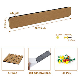5 Pack Felt Pin Board Bar Strips Bulletin Board for Bedrooms Offices Home Wall Decoration, Notice Board Self Adhesive Cork Board with 35 Push Pins for Paste Notes, Photos, Schedules (Brown)