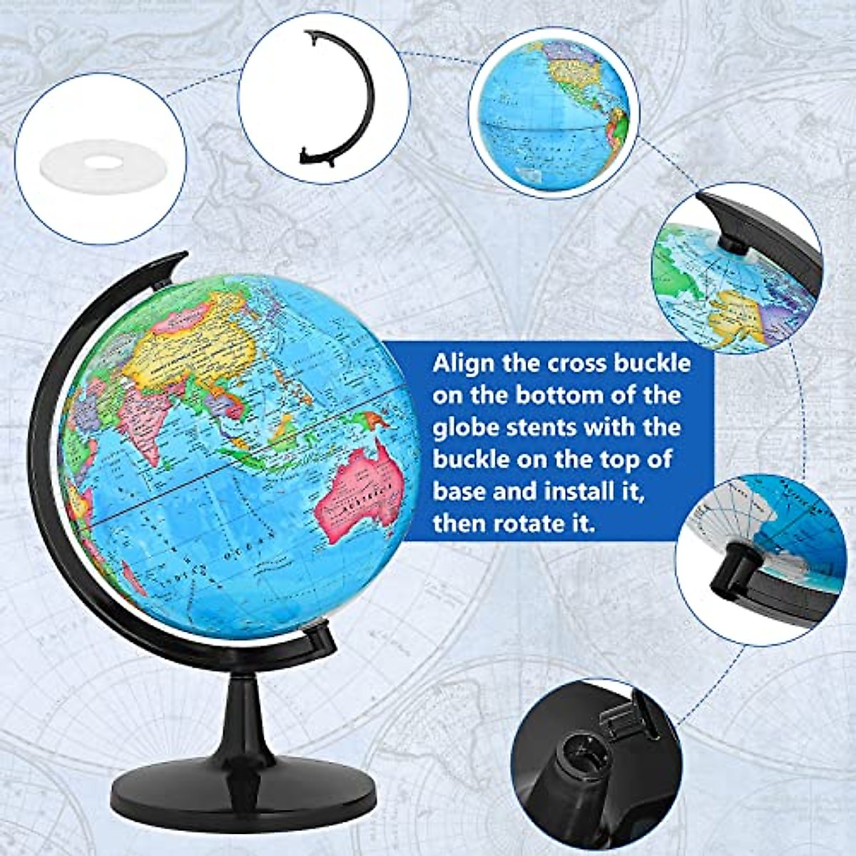 World Globe with Stand, 13" Desk Classroom Decorative Globe for Students & Geography Teachers, 360° Horizontal Rotation, Full Length 19.7 inch World Globe Map with Clear Text Markings, Blue