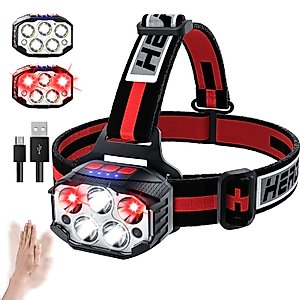 Headlamp Rechargeable, Super Bright 5 LED 14 Modes Head Lamps Flashlight for Adults Kids, w/ Adjustable Headband, Motion Sensor Headlight with Red Light for Outdoor Camping Gear Hiking Fishing Running