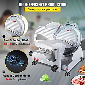 VEVOR 240W Commercial Electric Meat Slicer, 10 inch Carbon Steel Blade Electric Food Slicer, Deli Food Slicer, 350-400RPM Meat Slicer, 0-0.47 inch Adjustable Thickness for Commercial and Home Use