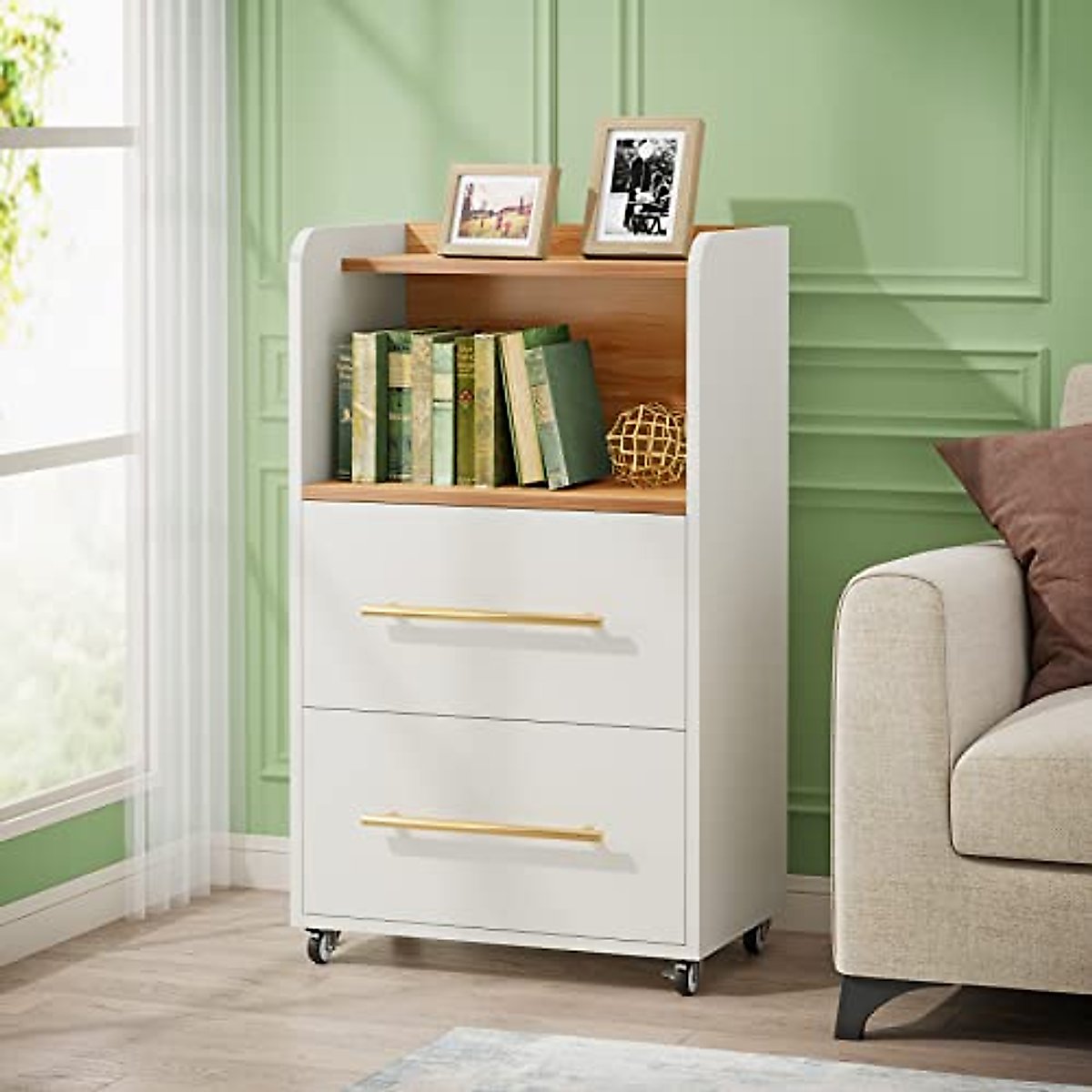 Tribesigns Lateral File Cabinet with 2 Drawers, Modern White Filing Cabinet Wood Rolling Filing Cabinets for Letter/Letter/A4 Size Files, Mobile Printer Stand with Open Shelves for Home Office (43"H)
