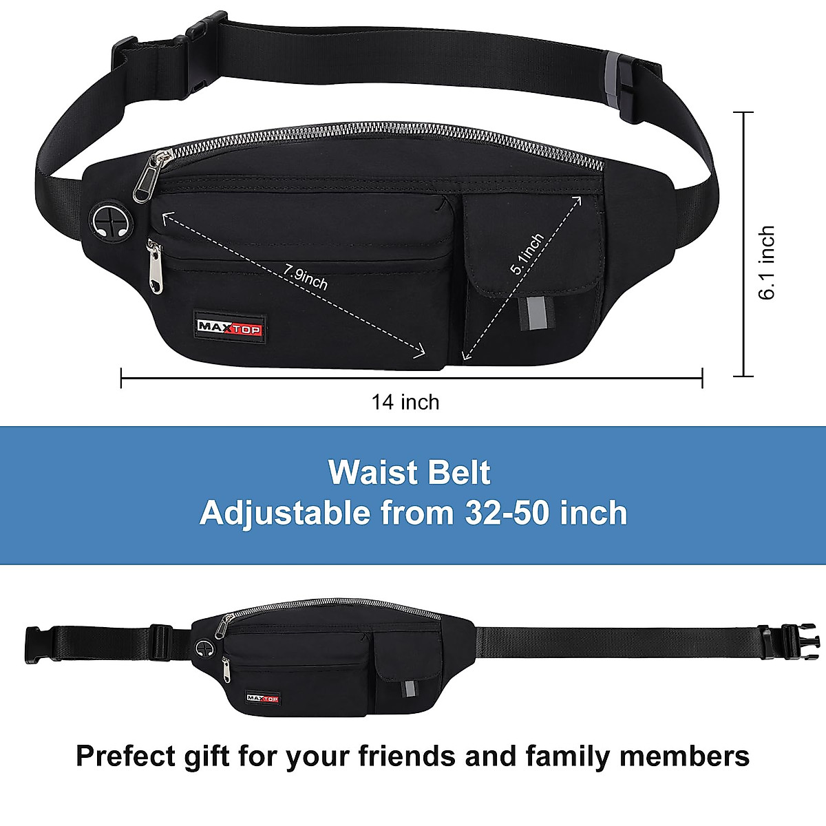 MAXTOP Large Crossbody Fanny Packs for Men Women Black Running Travel Belt Fashionable Waist Pack,Passport Bag for Yoga Gym Jogging Workout Fitness Exercise Dog Walking,Gift for Runner